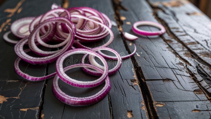 Sliced Red Onion Rings on Dark Wooden Rustic Table. Stock Photo - Image ...