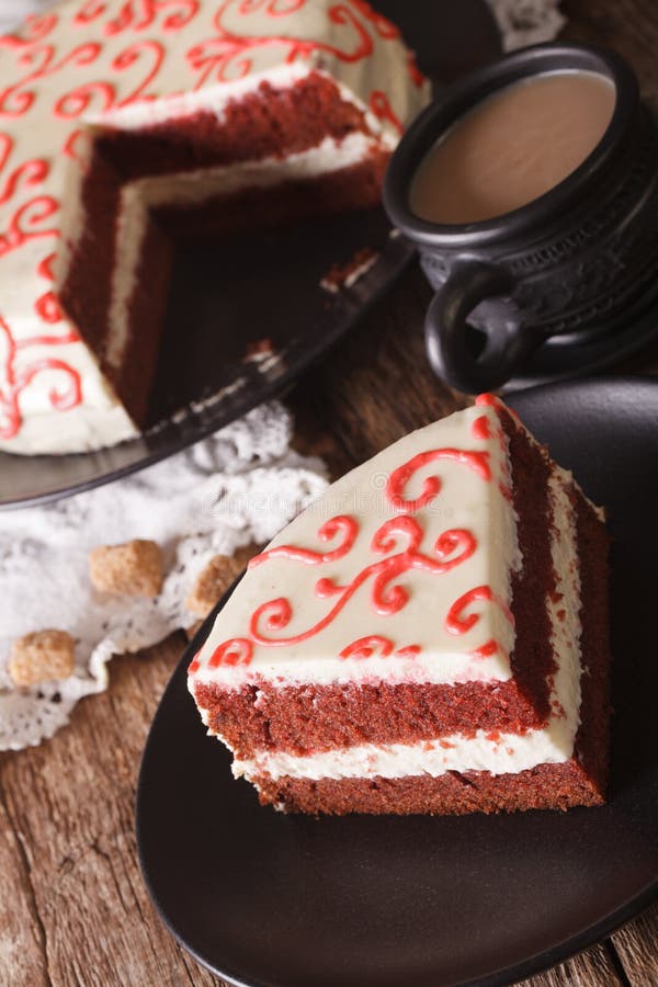 Sliced Red Velvet Cake and Coffee with Milk on the Table. Vertical ...