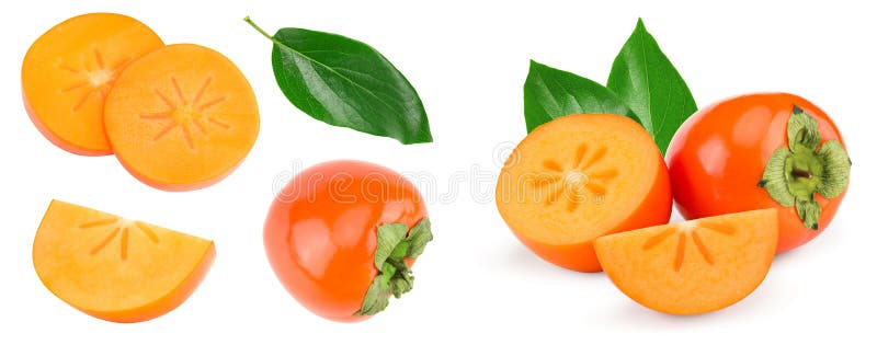 Sliced Ripe Persimmon with Green Leaves Isolated on White Background ...