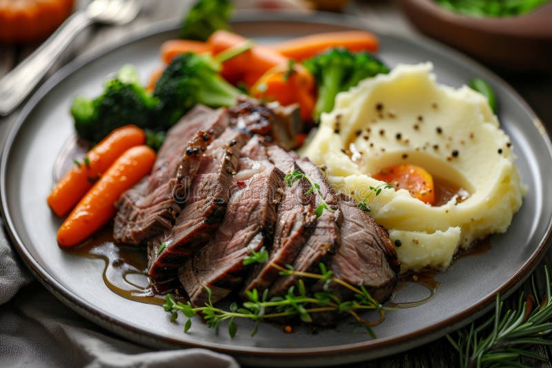 Sliced Roast Beef with Mashed Potatoes, Carrots and Broccoli ...