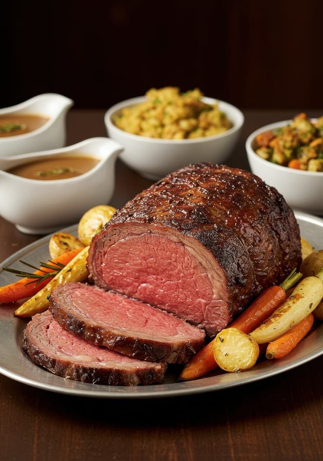 Sliced Roast Beef with Roasted Vegetables and Gravy Stock Illustration ...