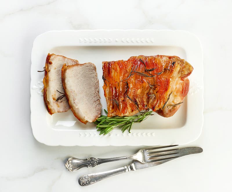 Sliced Roasted Pork on White Plate Stock Photo - Image of loin, food ...