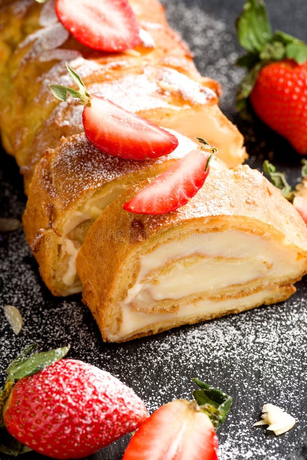 Sliced Rolls with Custard. the Dessert is Decorated with Fresh ...