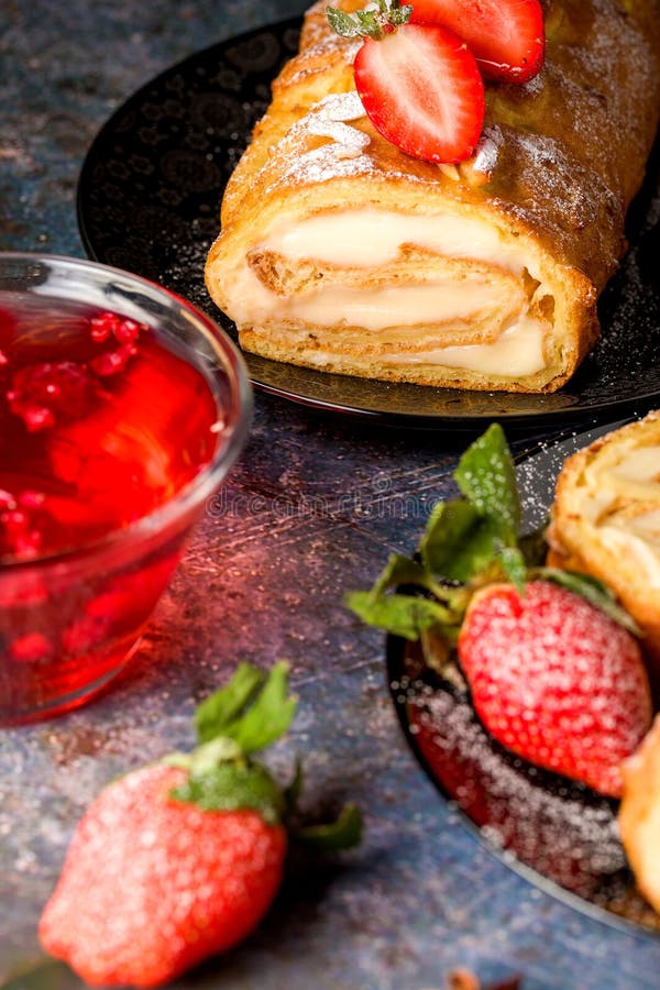 Sliced Rolls with Custard. the Dessert is Decorated with Fresh ...