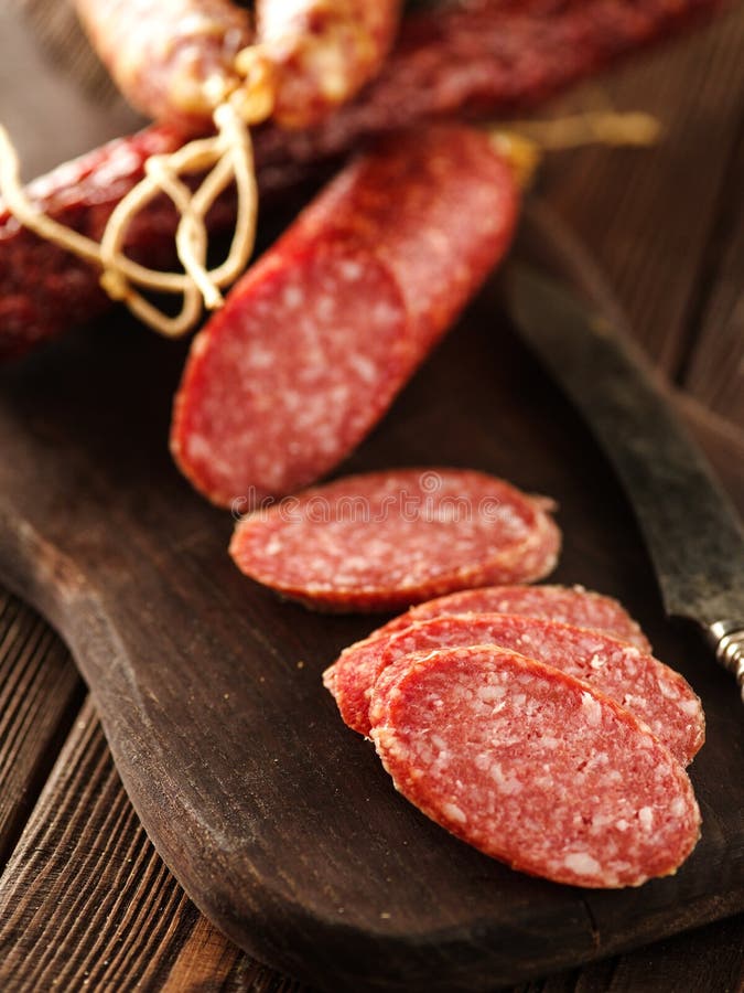 Sliced Salami on Cutting Board Stock Image - Image of italian, beef ...