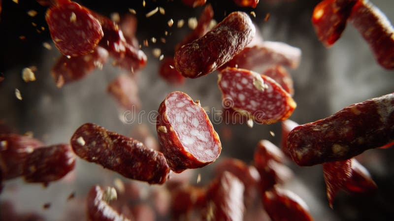Sliced Salami Falling Against Dark Background Stock Illustration ...