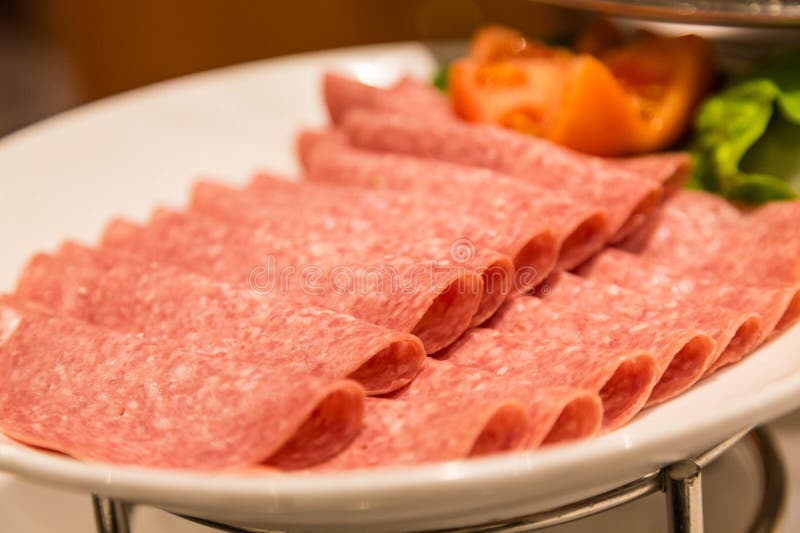 Sliced Salami on Plate stock image. Image of cuts, food - 51661605