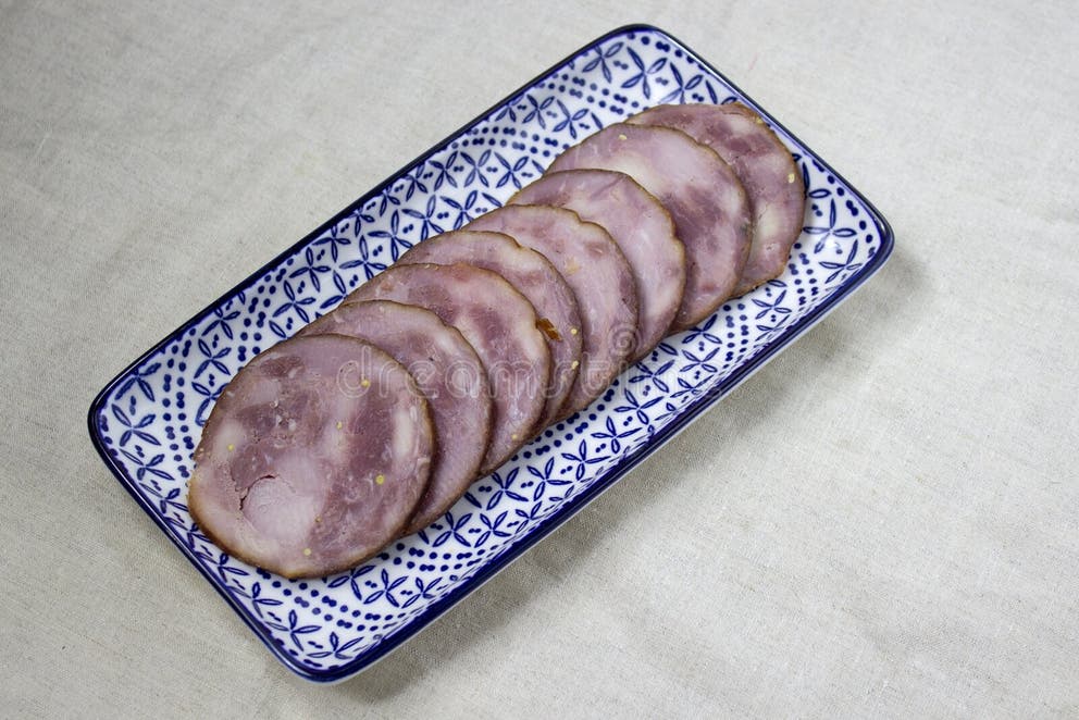 Sliced Sausage in a Rectangular Plate with a Blue Pattern with on Rough ...