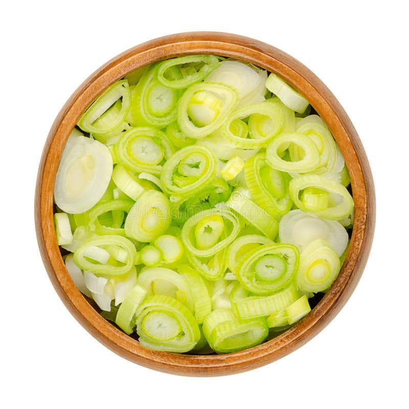 Sliced Fresh Scallions, Chopped Bulbs of Green Onions, in a Wooden Bowl ...