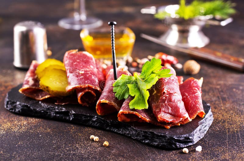 Sliced Smoked Meat with Red Wine. the Concept of Cooking Meat Stock ...