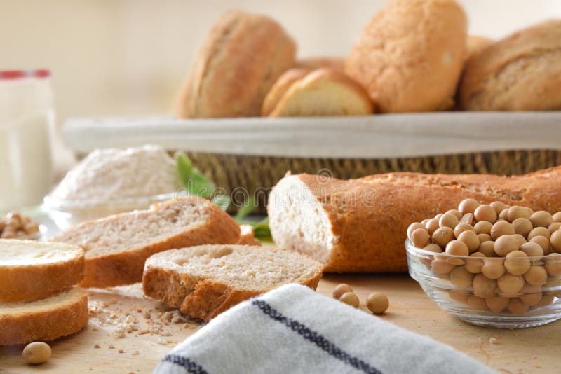 Sliced Soy Bread with Beans Flour and Basket with Bread Stock Image ...