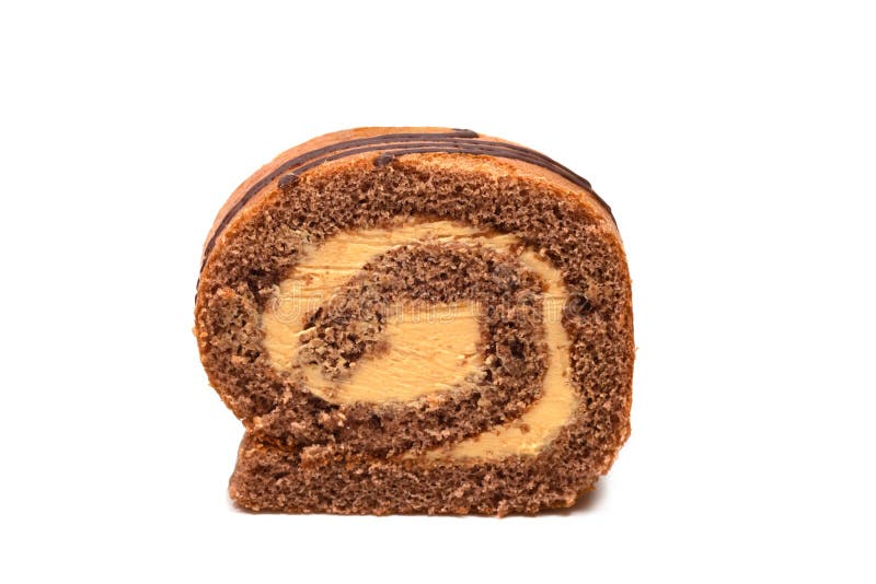 Sliced Sponge Roll with Cream Isolated on White, Close-up Stock Photo ...