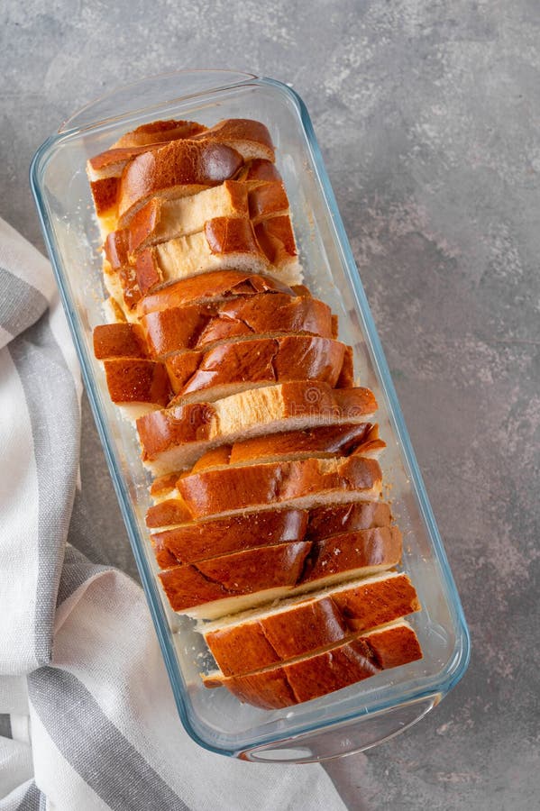Sliced Sweet Bread in a Baking Dish on a Gray Concrete Background ...