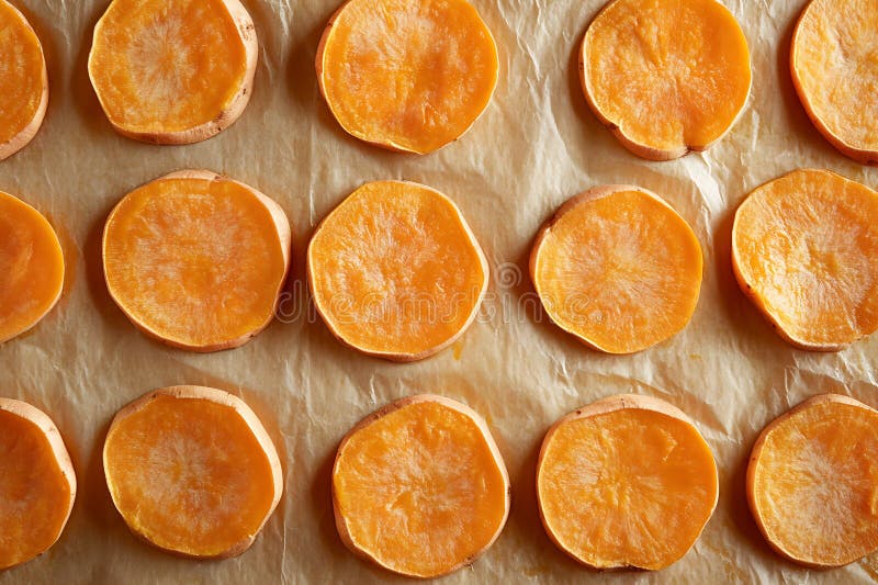 Sliced Sweet Potatoes Arranged on Parchment Paper Stock Illustration ...