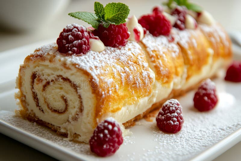 Sliced Swiss Roll Cake with Powdered Sugar, Raspberries and Mint Leaves ...