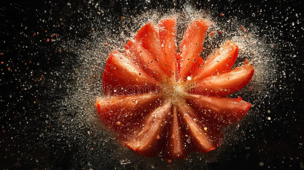 Sliced Tomato Exploding into Perfect Radial Segments Stock Photo ...