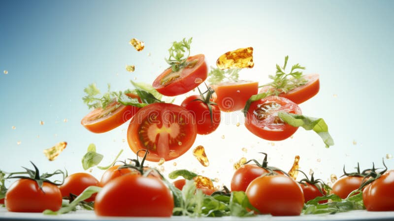 Sliced Tomatoes Float Horizontally on Top of Each Other in the Air in ...
