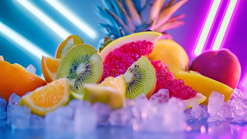 Sliced Tropical Fruit on Ice Under Blue and Purple Neon Strips . Stock ...