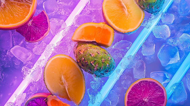 Sliced Tropical Fruit Ice Under Blue Purple Neon Strips Stock Photos ...