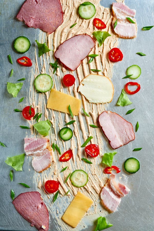 Sliced Vegetables, Bacon, Ham Lying on the Surface. Stock Illustration ...