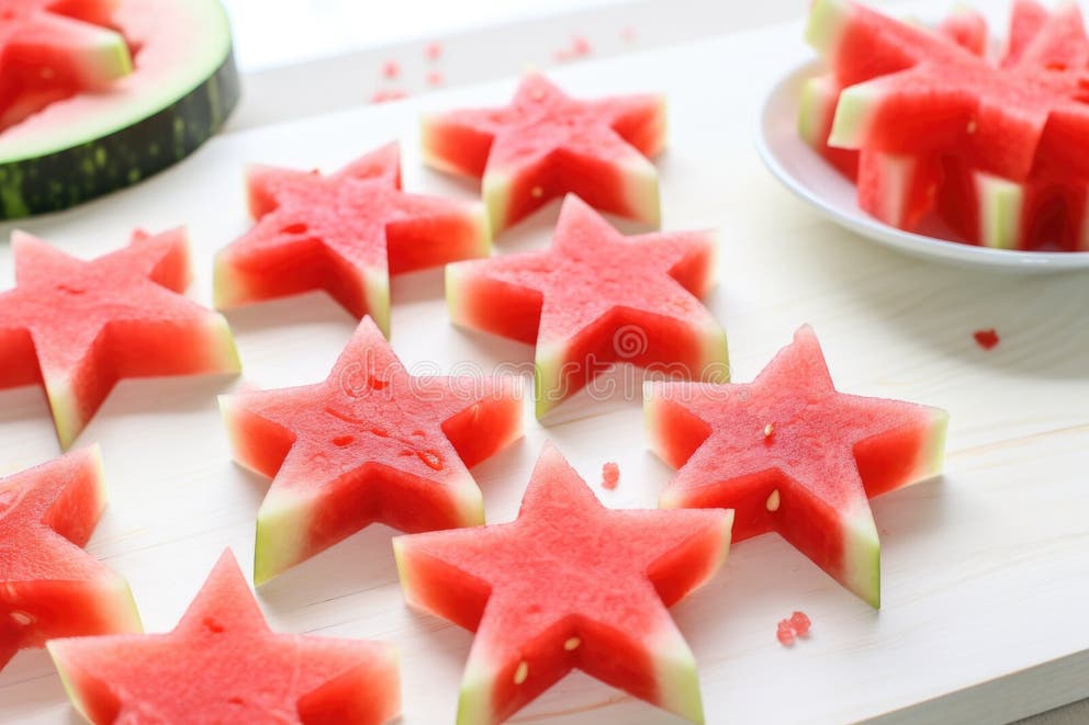 Sliced Watermelon in the Shape of Stars on a Bright White Table Stock ...