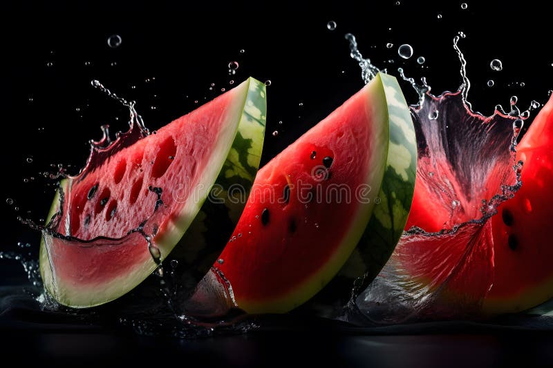 Sliced Watermelon Splashed in Water, Generative AI Stock Illustration ... Sliced Watermelon Splashed in Water, Generative AI Stock Illustration ...