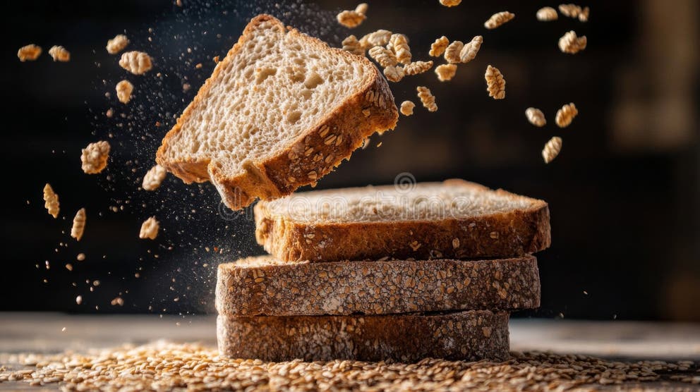 Sliced Wheat Bread with Falling Grains on Dark Background Stock ...