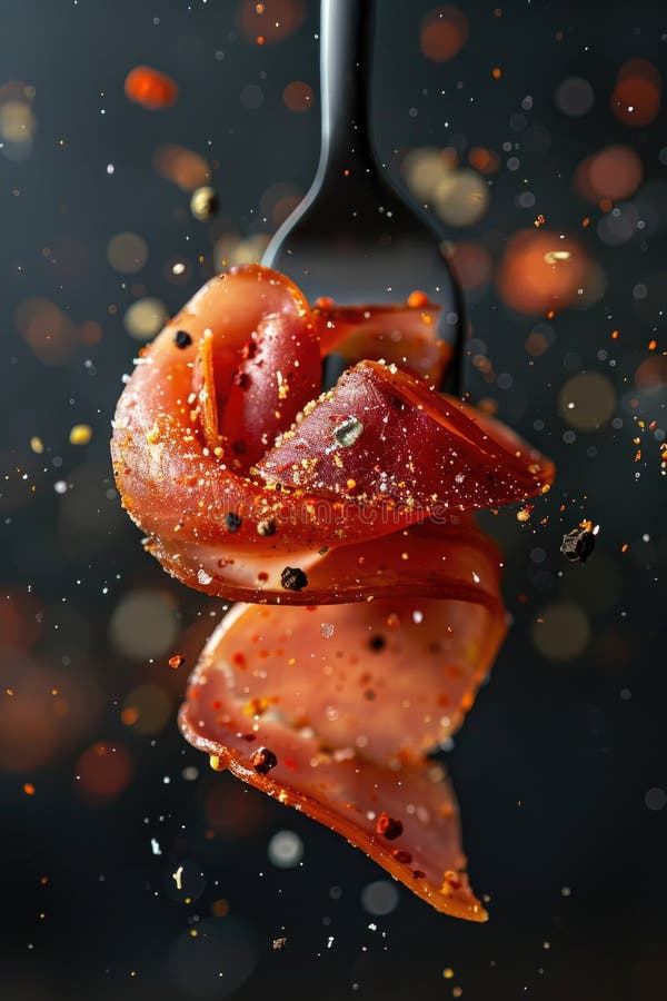 Slices of Bacon with Spices on Fork with Flaming Sparks Stock Photo ...
