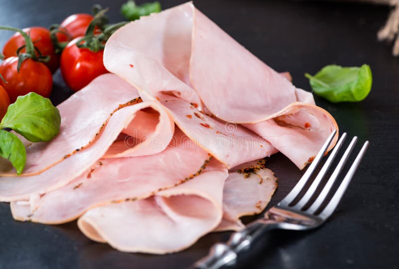 Slices of boiled Ham stock photo. Image of shot, sliced - 48681410