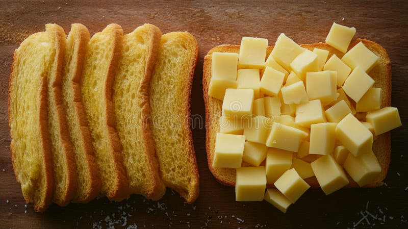 Slices of Bread with Cubes of Yellow Cheese on Wooden Surface Stock ...