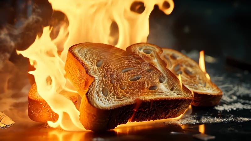 Slices of Bread on Fire, Dramatic Close-up. Culinary Disaster and Fire ...
