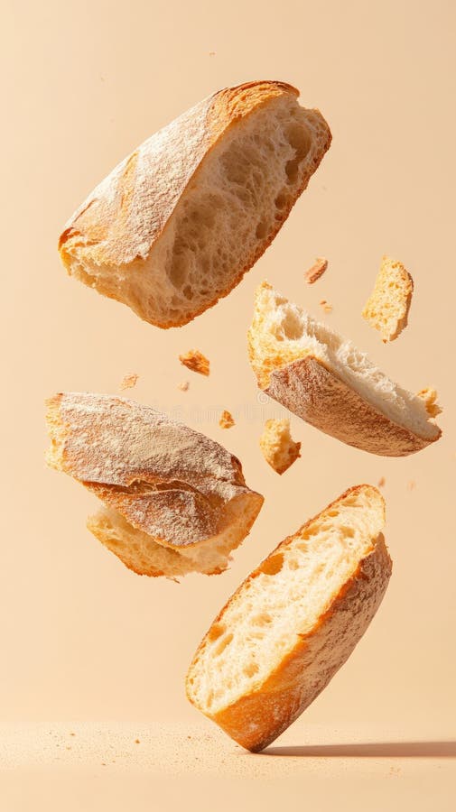 Slices of Bread Floating and Rotating on Beige Background Stock Image ...