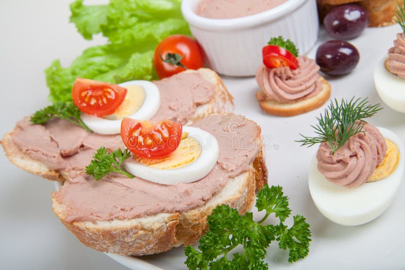 Slices of Bread with Pate and Tomatoes and Eggs Stock Photo - Image of ...