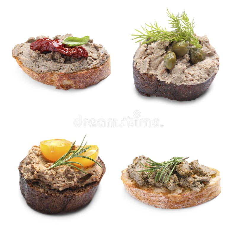 Slices of Bread with Tasty Pate on White Background, Collage Design ...