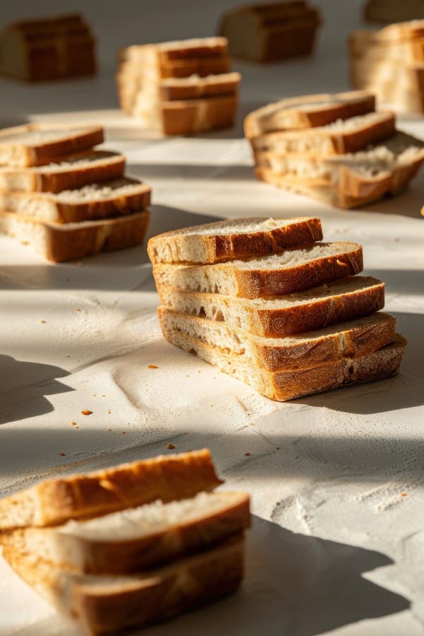 Slices of Bread on White Table in Sunlight with Shadows. Stock Image ...