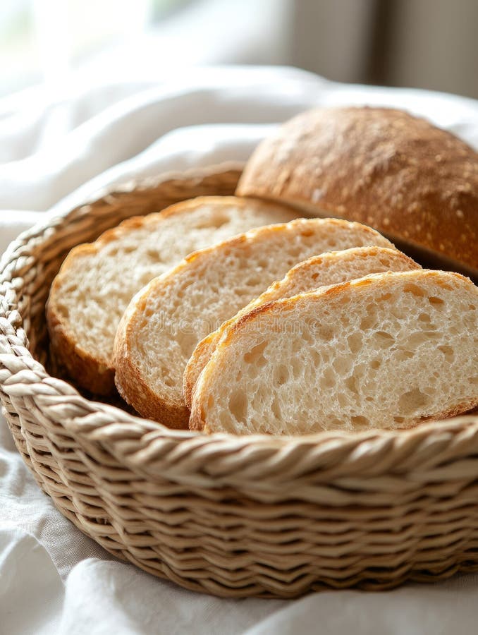 Slices of Bread in a Woven Basket on a Table. Stock Photo - Image of ...
