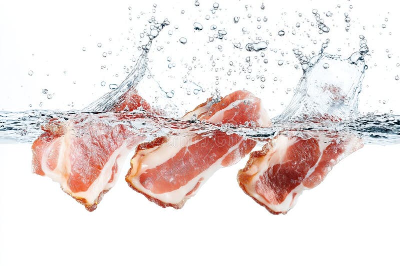 Slices of Delicious Bacon Falling into Water with a Splash Stock ...