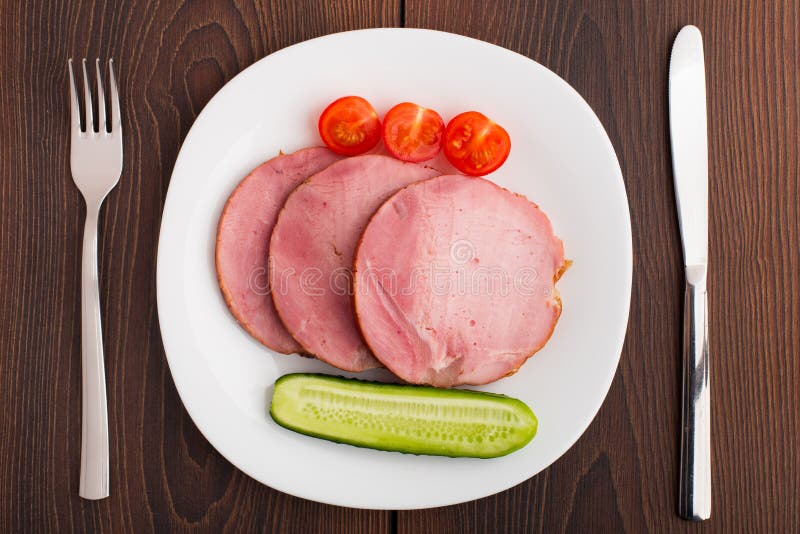 Slices of Delicious Ham on Plate Stock Photo - Image of meat, brown ...