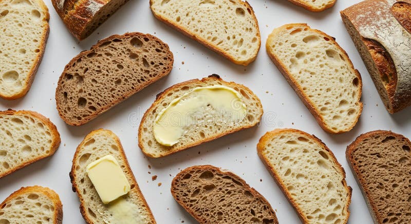 Slices of Different Types of Bread are Scattered Across a White Surface ...