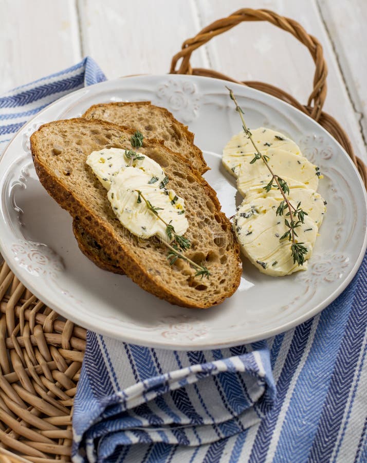 Slices of Fresh Bread with Butter on the Grass. Stock Photo - Image of ...