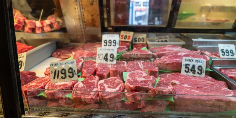 Slices of Fresh Raw Red Meat at the Butcher Stock Photo - Image of ...