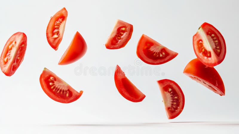Slices of Fresh Red Tomatoes Floating on White Background Stock Photo ...