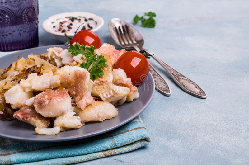 Slices of Fried Fish with Vegetables Stock Image - Image of onion ...
