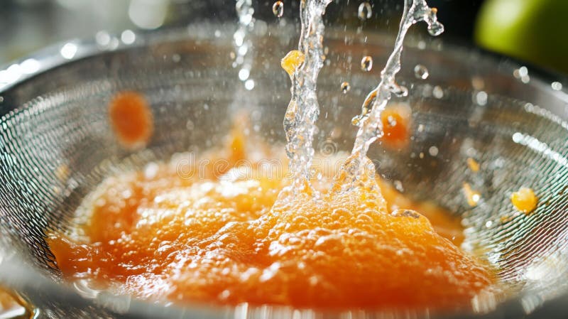 Making Fresh Juice with a Strainer Under Running Water in a Kitchen ...