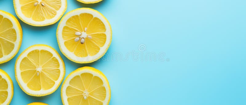 Slices of Lemon Lay Flat Against the Blue Background, with Negative ...