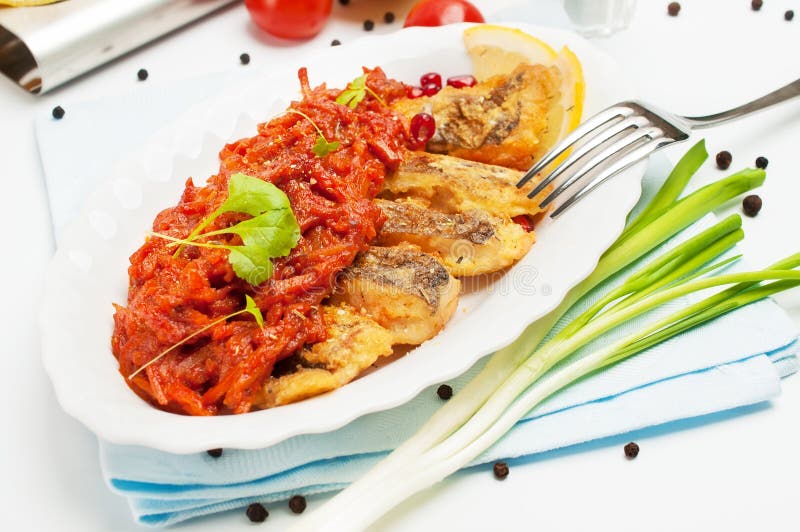 Slices of Marinated Grilled Fish, on Oval Plate. Stock Image - Image of ...