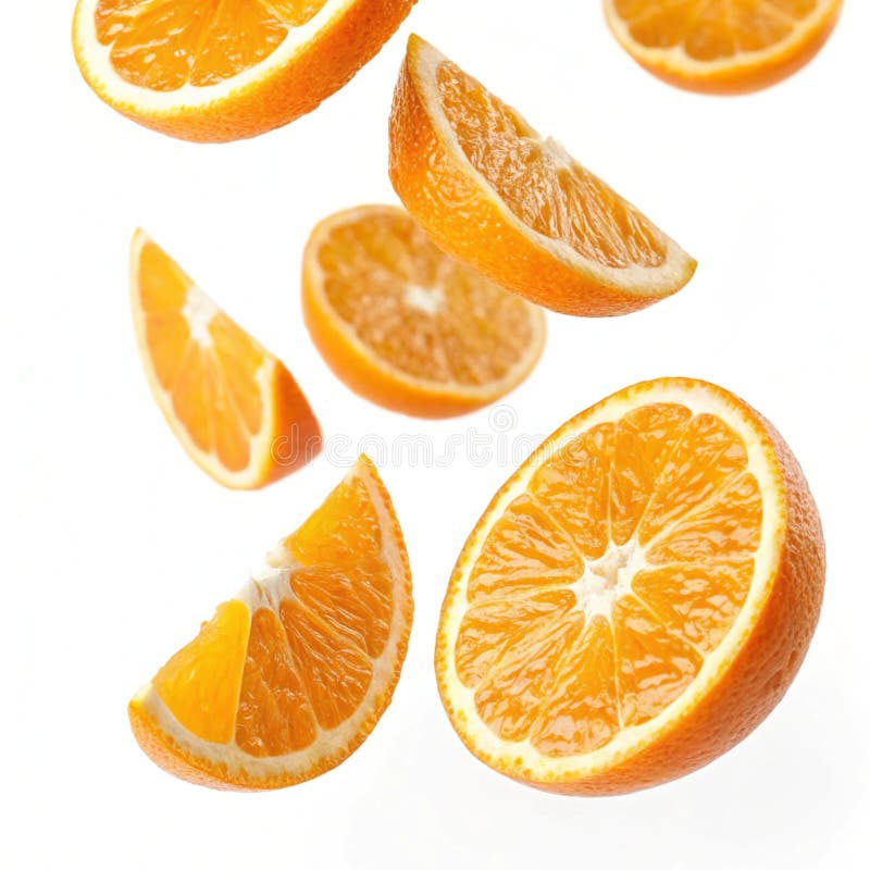 Slices of Orange Falling Isolated on White Background Stock ...