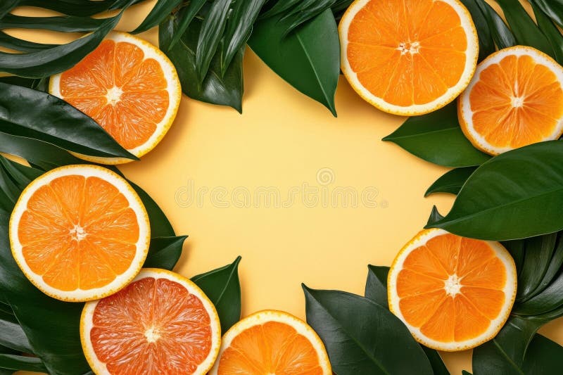 Slices of Oranges Arrange with Tropical Leaves and Yellow Background ...