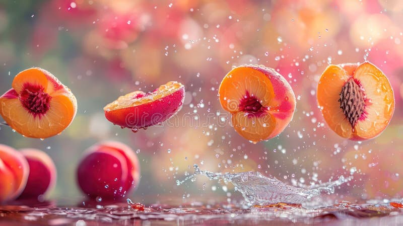 Juicy Peach Halves Splashing into Water: Vibrant Summer Fruit ...