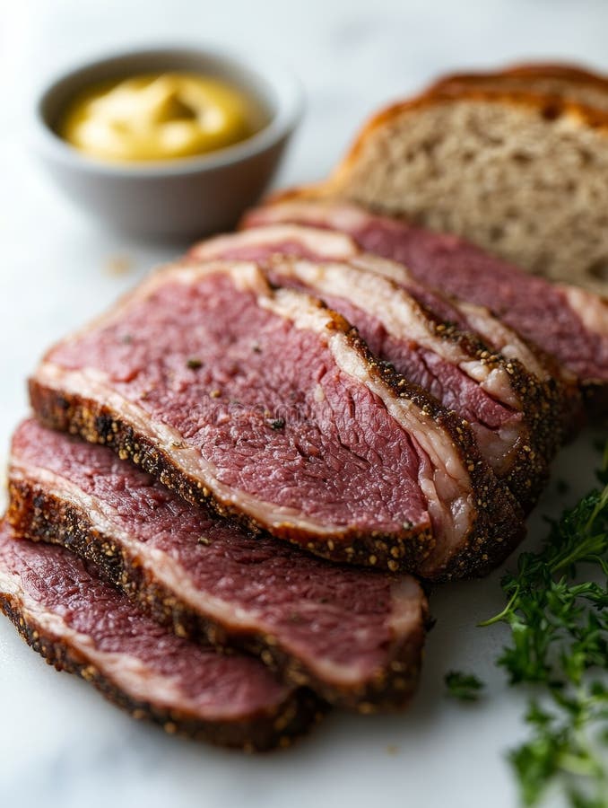 Slices of Peppered Corned Beef with Mustard and Bread Stock Photo ...